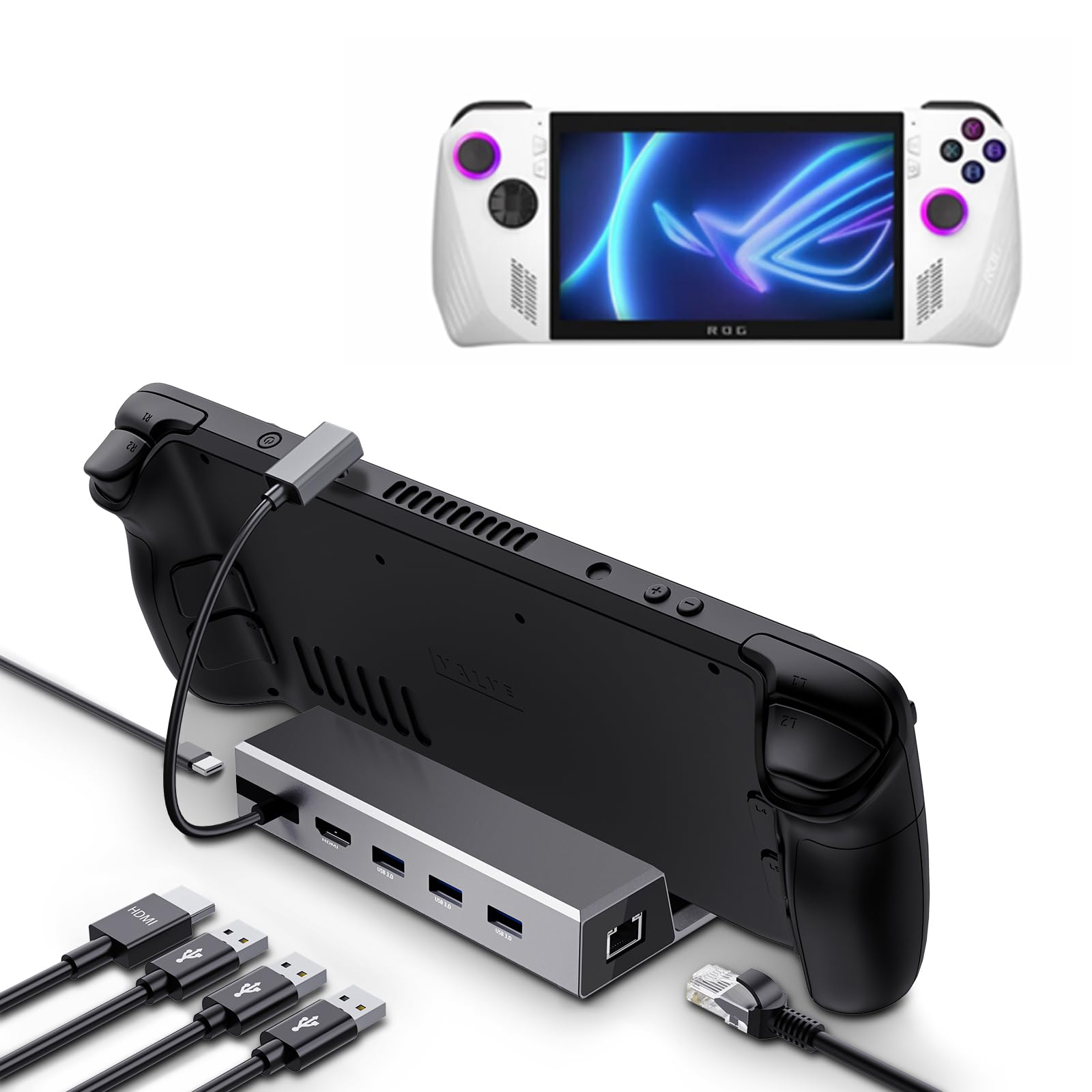 Docking Station for ASUS ROG Ally & Steam Deck, 6 in 1 Steam Deck Dock Stand -HDMI 2.0 4k@60Hz Gigabit Ethernet 3 USB 3.0 Port and USB-C PD Port