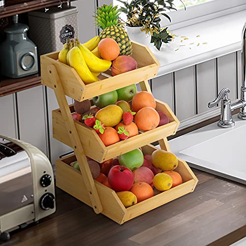 Large 3 Tier Bamboo Fruit Basket Stand for Kitchen Countertop β Fruit Holder β Perfect for Bread, Vegetables, Produce, Home Storage and Display