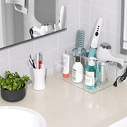 HIIMIEI Hair Tools Organizer Clear Acrylic Hair Dryer Holder Countertop Blow Dryer Stand Storage for Vanity Bathroom with 3 Cups