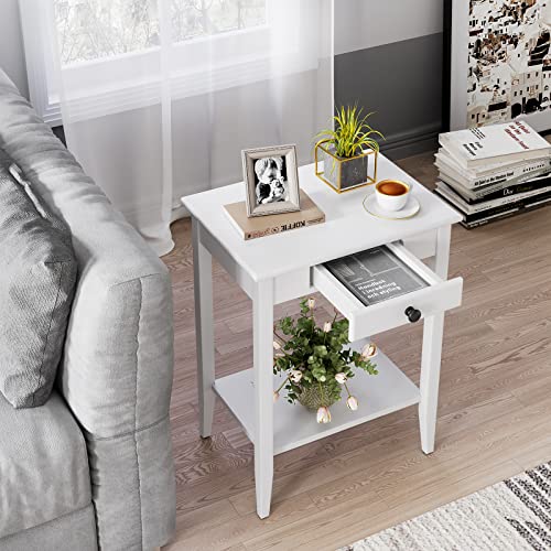 Amyove White End Table Narrow Bedside Table Side Tables with Storage Shelves Small Table Wood Night Stand for Bedroom, Nursery Living Room, Easy Assembly