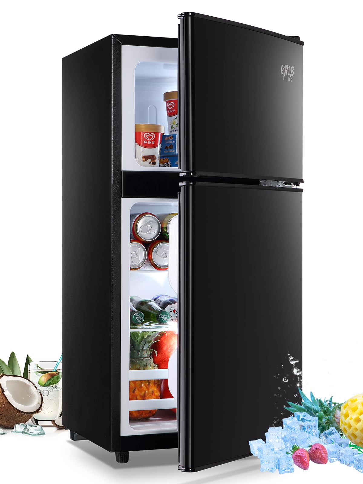 KRIB BLING Compact Refrigerators with Freezer on Top, Mini Fridge 7- Level Adjustable Thermostat, Small Refrigerator for Apartment, Office, Camping, Black, FLS
