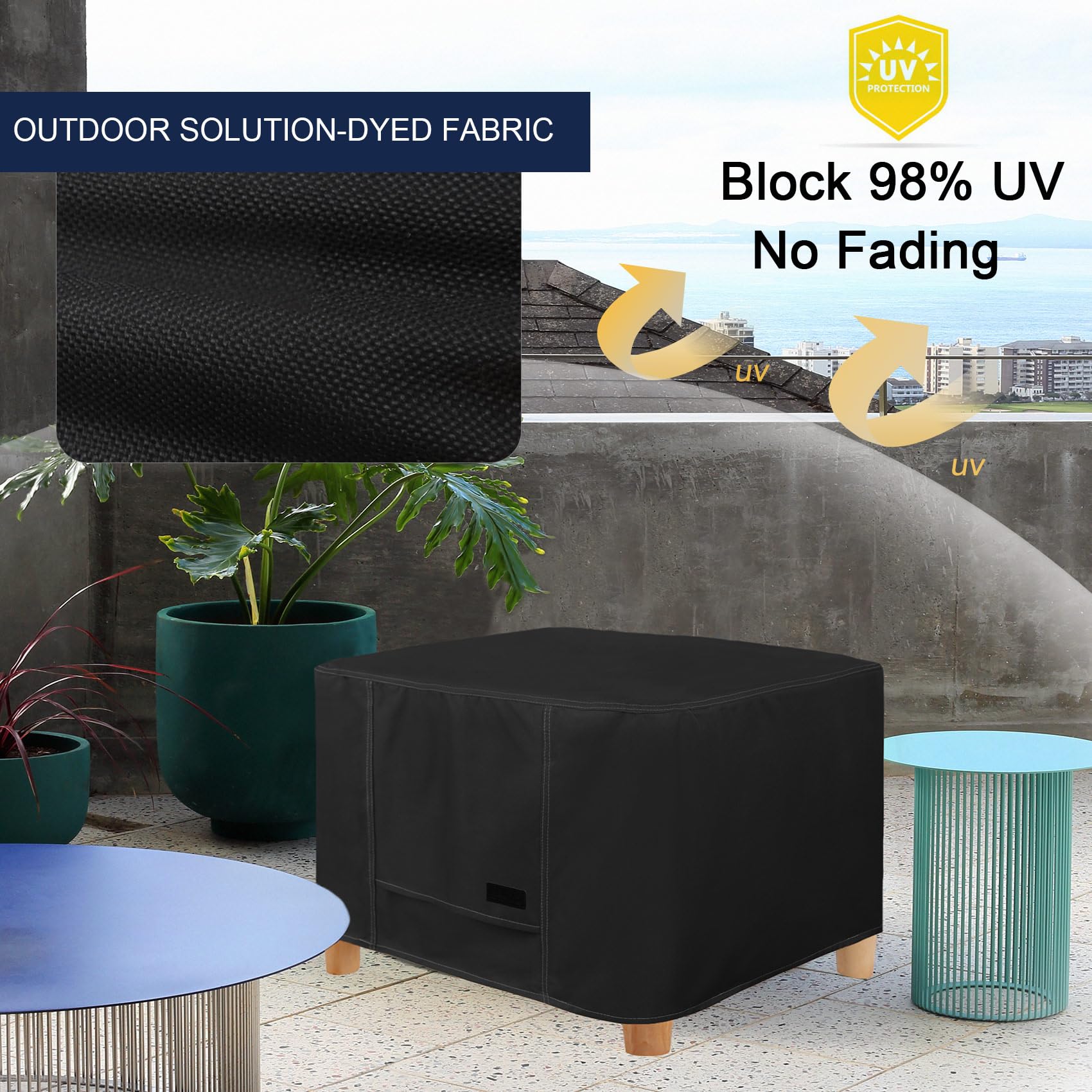 NettyPro Outdoor Patio Ottoman Cover, Waterproof Square Side Table Cover, 28L x 28W x 20H inch, Black