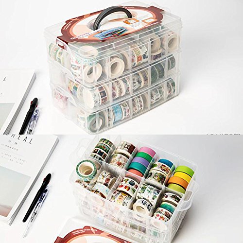 JforSJizT 30 Adjustable Compartments Washi Tape Box Organizer Storage,Divider Closet Container,Clear,Masking Tape Desktop Tape DIY Sticker Roll Tape Cutter Holder Storage