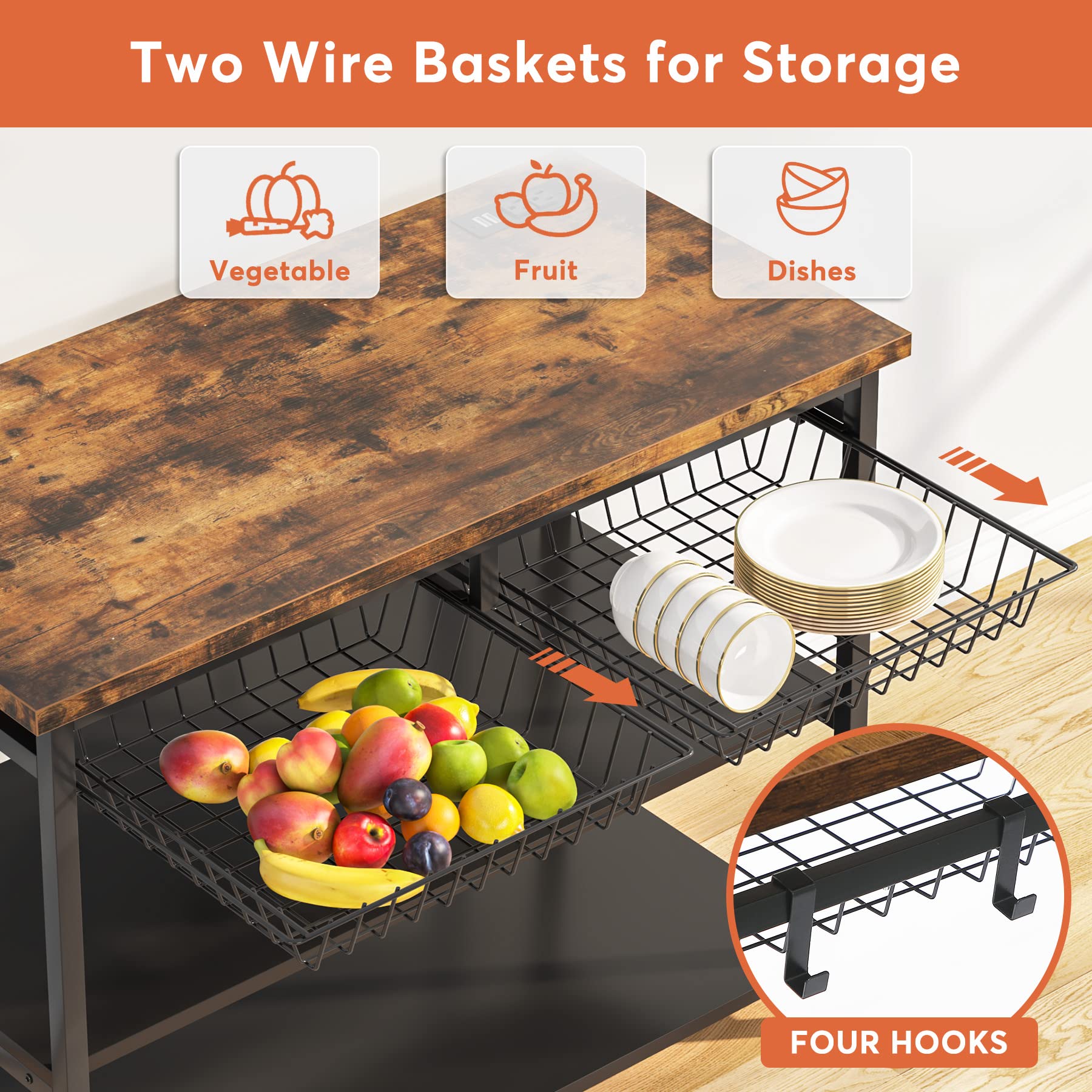 Tribesigns Kitchen Island with Storage, Industrial Island Table with Power Outlets and Wire Baskets, 3 Tier Microwave Oven Stand Butcher Block Island with Large Worktop, 4 Hooks, Rustic Brown
