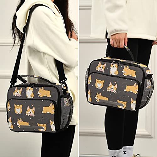 Dogs Reusable Leakproof Lunch Box Bag Corgi Sturdy Insulated Box with Adjustable Strap Portable Bag Organizer for Kids, Women, Men, Teens, Boys, Girls