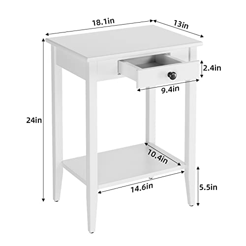Amyove White End Table Narrow Bedside Table Side Tables with Storage Shelves Small Table Wood Night Stand for Bedroom, Nursery Living Room, Easy Assembly