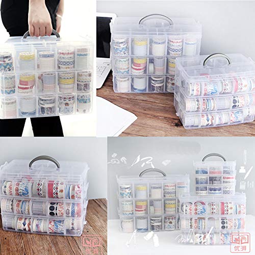 JforSJizT 30 Adjustable Compartments Washi Tape Box Organizer Storage,Divider Closet Container,Clear,Masking Tape Desktop Tape DIY Sticker Roll Tape Cutter Holder Storage