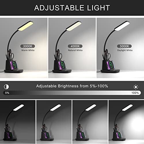 Vicsoon Desk Lamp for Home Office, LED Desk Lamp with Wireless Charger Pen Holder, Dimmable Desk Light with 3 Color Modes, Black Office Lamp for Dorm