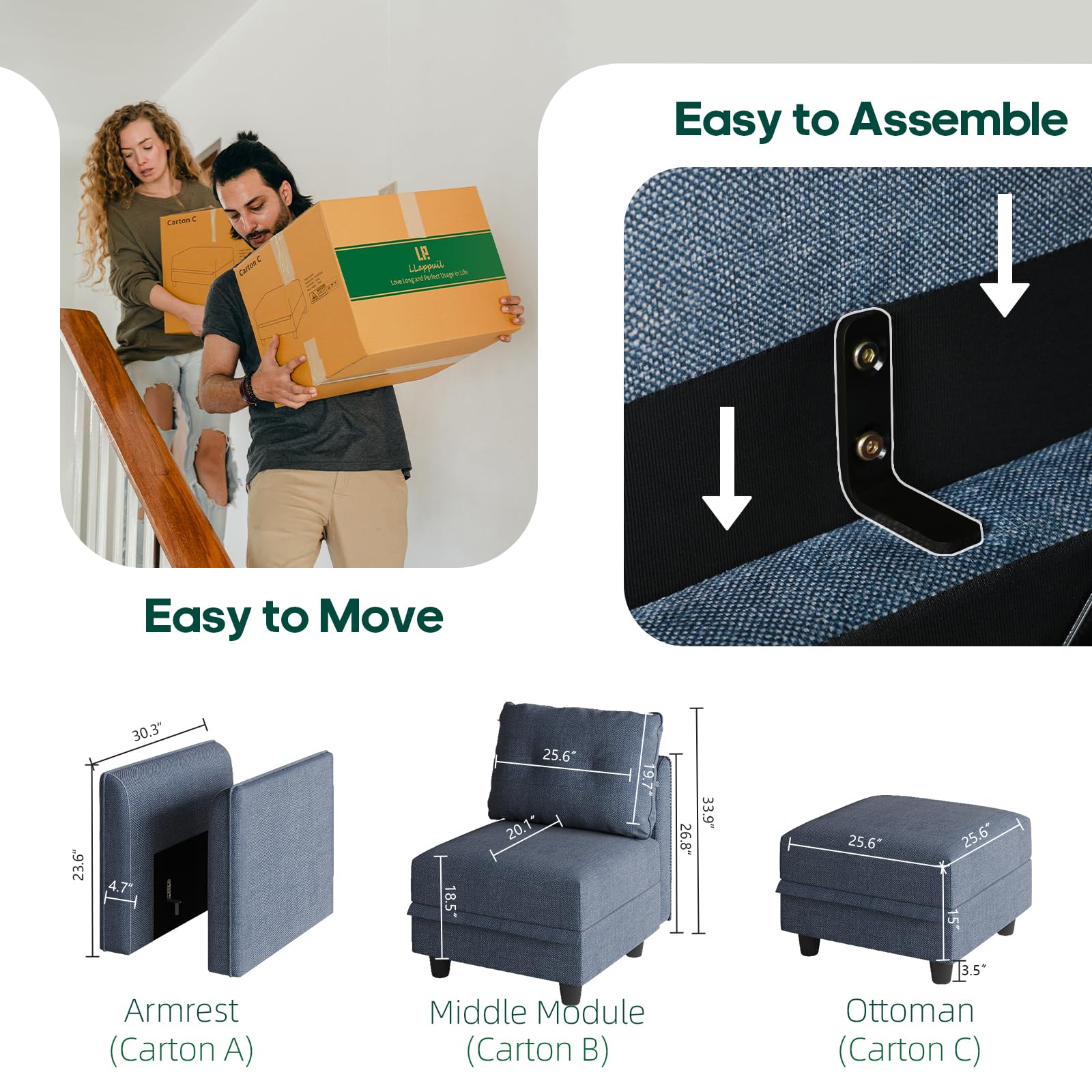 LLappuil Modular Sectional Sofa with Storage U Shaped Couch with Reversible Chaise Luxury Velvet Sofas for Living Room 4 Seats with 3 Ottomans Denim Blue