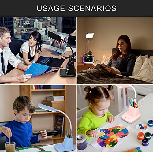 Vicsoon Desk Lamp for Home Office, LED Desk Lamp with Wireless Charger Pen Holder, Dimmable Desk Light with 3 Color Modes, Black Office Lamp for Dorm