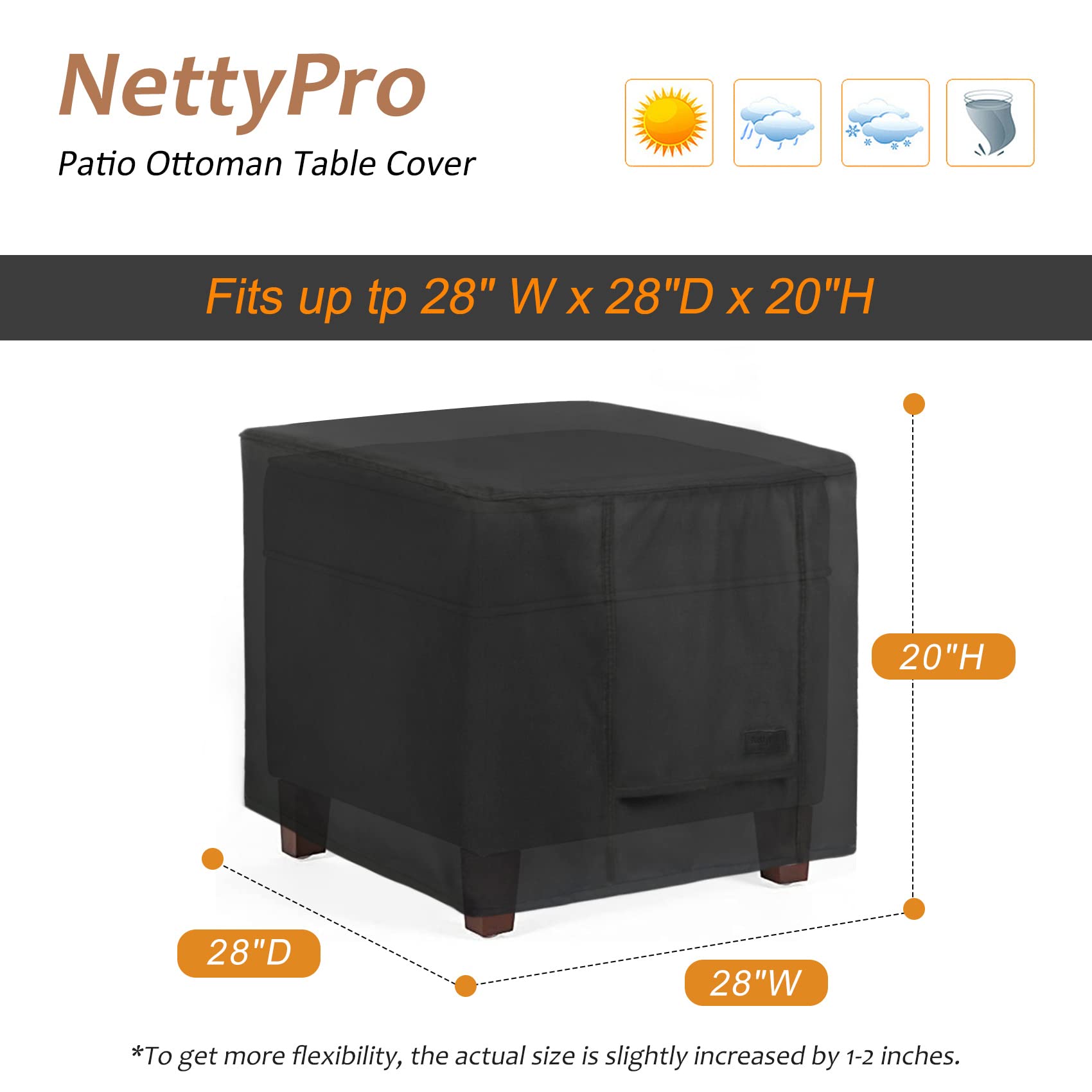 NettyPro Outdoor Patio Ottoman Cover, Waterproof Square Side Table Cover, 28L x 28W x 20H inch, Black