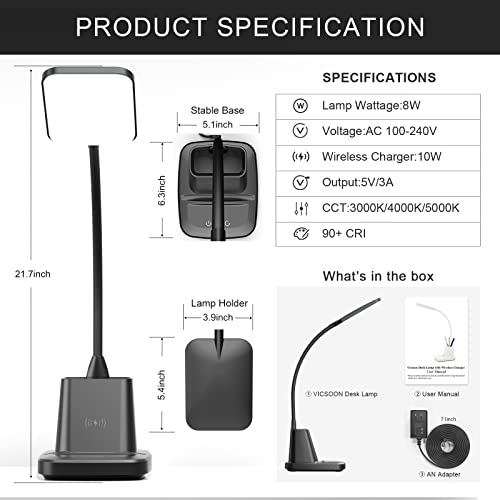 Vicsoon Desk Lamp for Home Office, LED Desk Lamp with Wireless Charger Pen Holder, Dimmable Desk Light with 3 Color Modes, Black Office Lamp for Dorm