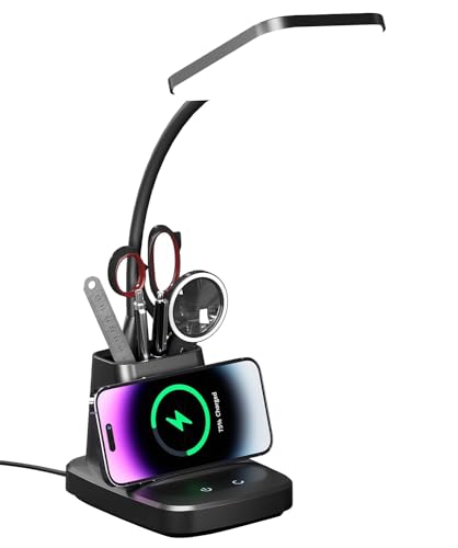 Vicsoon Desk Lamp for Home Office, LED Desk Lamp with Wireless Charger Pen Holder, Dimmable Desk Light with 3 Color Modes, Black Office Lamp for Dorm