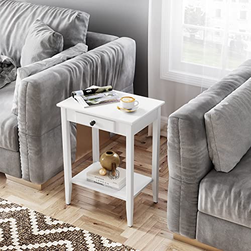 Amyove White End Table Narrow Bedside Table Side Tables with Storage Shelves Small Table Wood Night Stand for Bedroom, Nursery Living Room, Easy Assembly