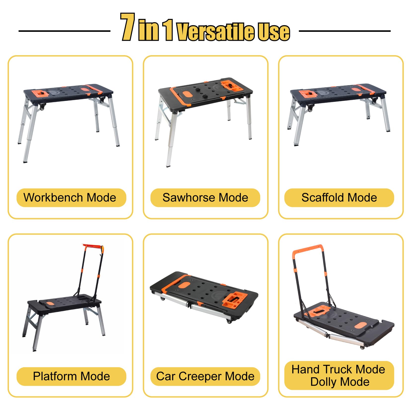 LEADALLWAY 7-in-1 Folding Portable Workbench Painted Work Table as Workbench, Scaffold,Platform,Sawhorse,Car Creeper and Hand Truck with 4 Wheels, Black
