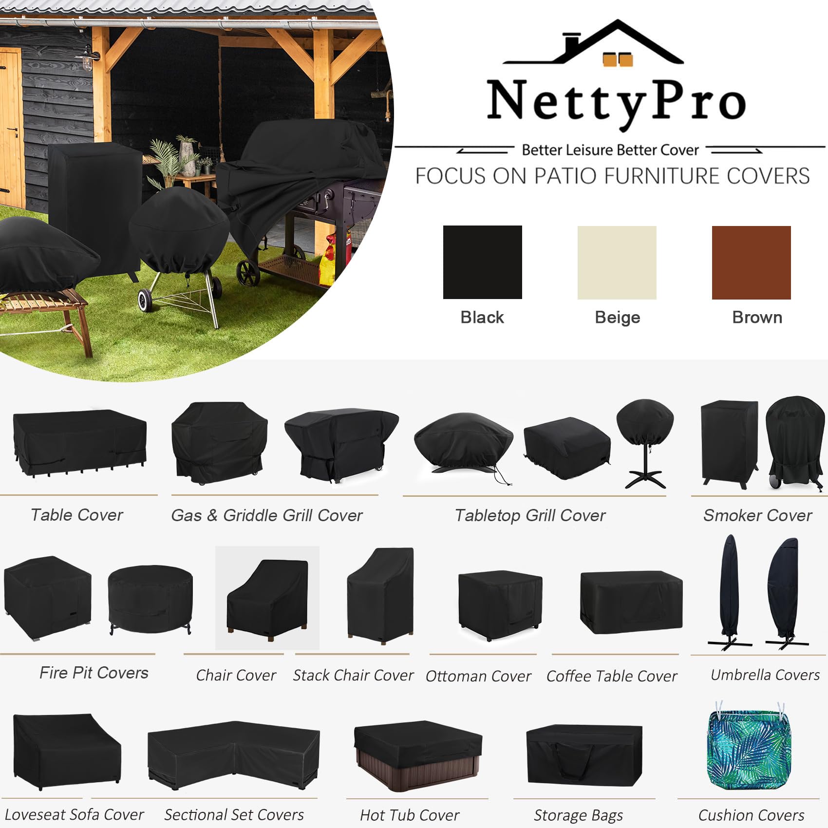 NettyPro Outdoor Patio Ottoman Cover, Waterproof Square Side Table Cover, 28L x 28W x 20H inch, Black