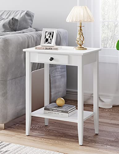 Amyove White End Table Narrow Bedside Table Side Tables with Storage Shelves Small Table Wood Night Stand for Bedroom, Nursery Living Room, Easy Assembly