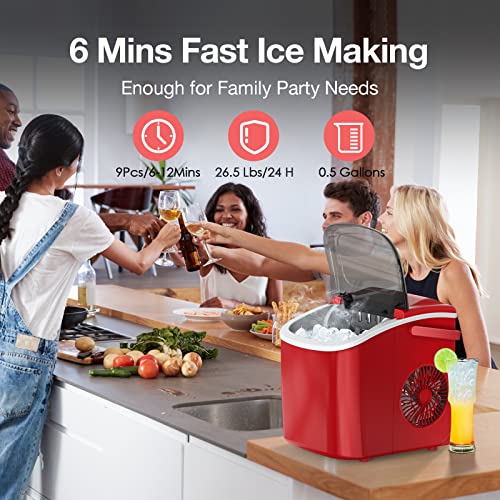 Ice Maker Countertop, Fast Ice Making in 6 Mins 9 Bullet-Shaped Ice, 26.5lbs/24Hrs, Portable Ice Maker Machine with Self-Cleaning, Ice Scoop, Ice Bags and Basket, for Home/Kitchen/Office/Bar/Party