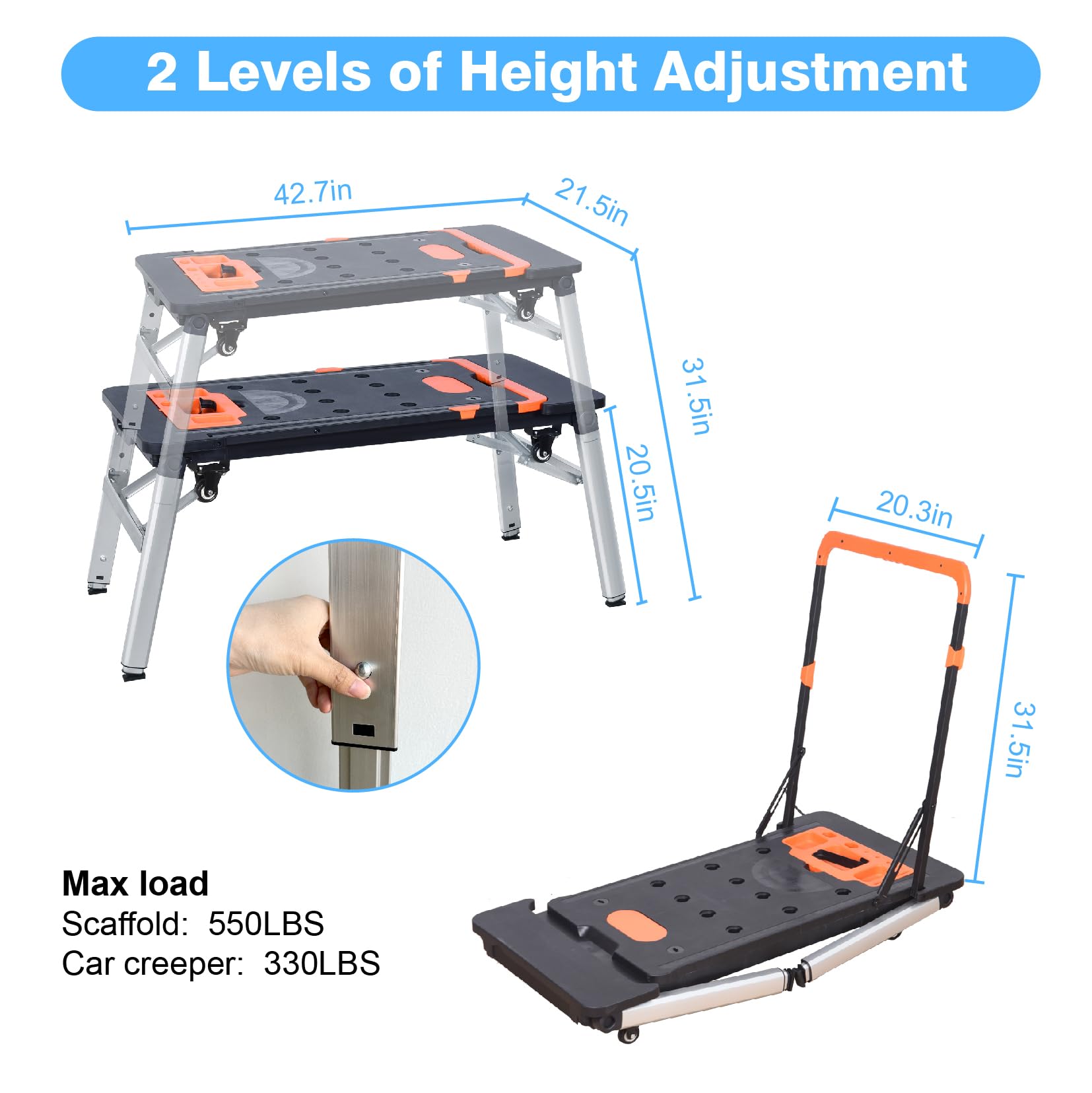 LEADALLWAY 7-in-1 Folding Portable Workbench Painted Work Table as Workbench, Scaffold,Platform,Sawhorse,Car Creeper and Hand Truck with 4 Wheels, Black