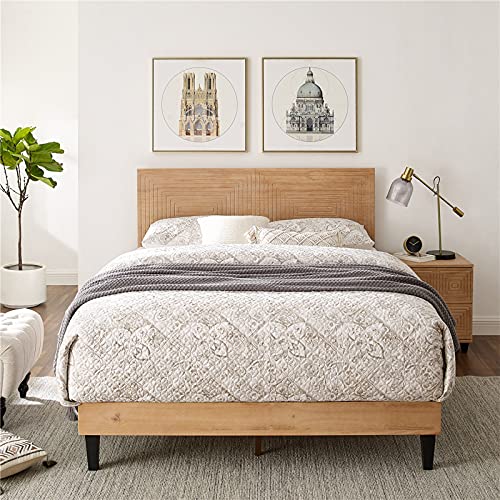 MUSEHOMEINC Mid Century Modern Solid Wood Platform Bed,Queen Size Bed Frame with Adjustable Height Headboard, Wood Slat Support Bed Frame, Bed Frame No Box Spring Needed
