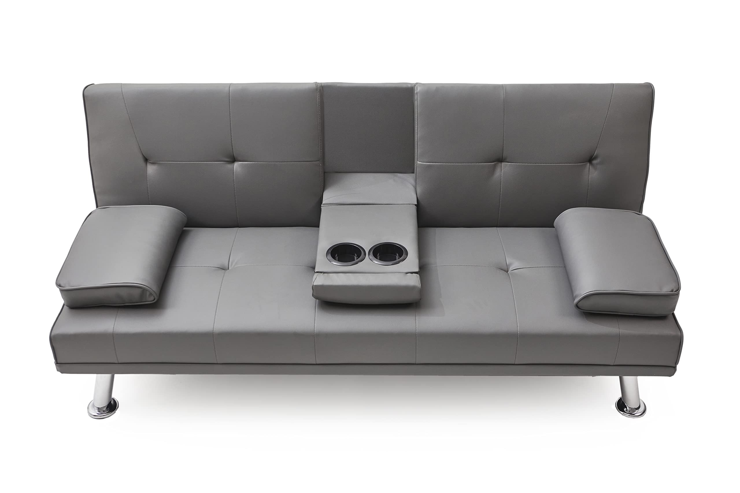 Anwick Futon Sofa Bed Faux Leather Couch Bed Modern Convertible Folding Recliner with 2 Cup Holders and Metal Legs for Living Room Apartment Dorm w/Removable Armrests, (Gray)