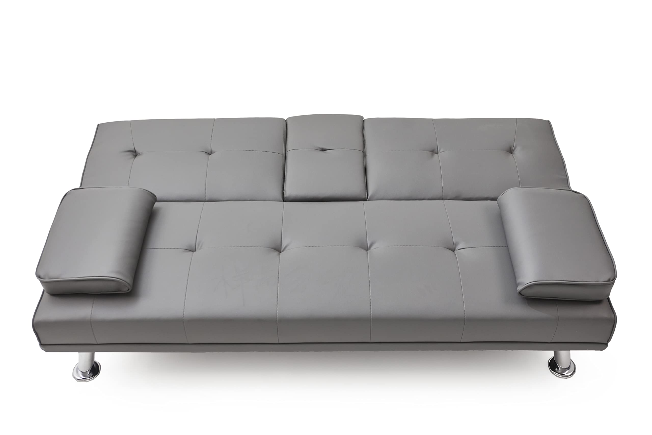 Anwick Futon Sofa Bed Faux Leather Couch Bed Modern Convertible Folding Recliner with 2 Cup Holders and Metal Legs for Living Room Apartment Dorm w/Removable Armrests, (Gray)