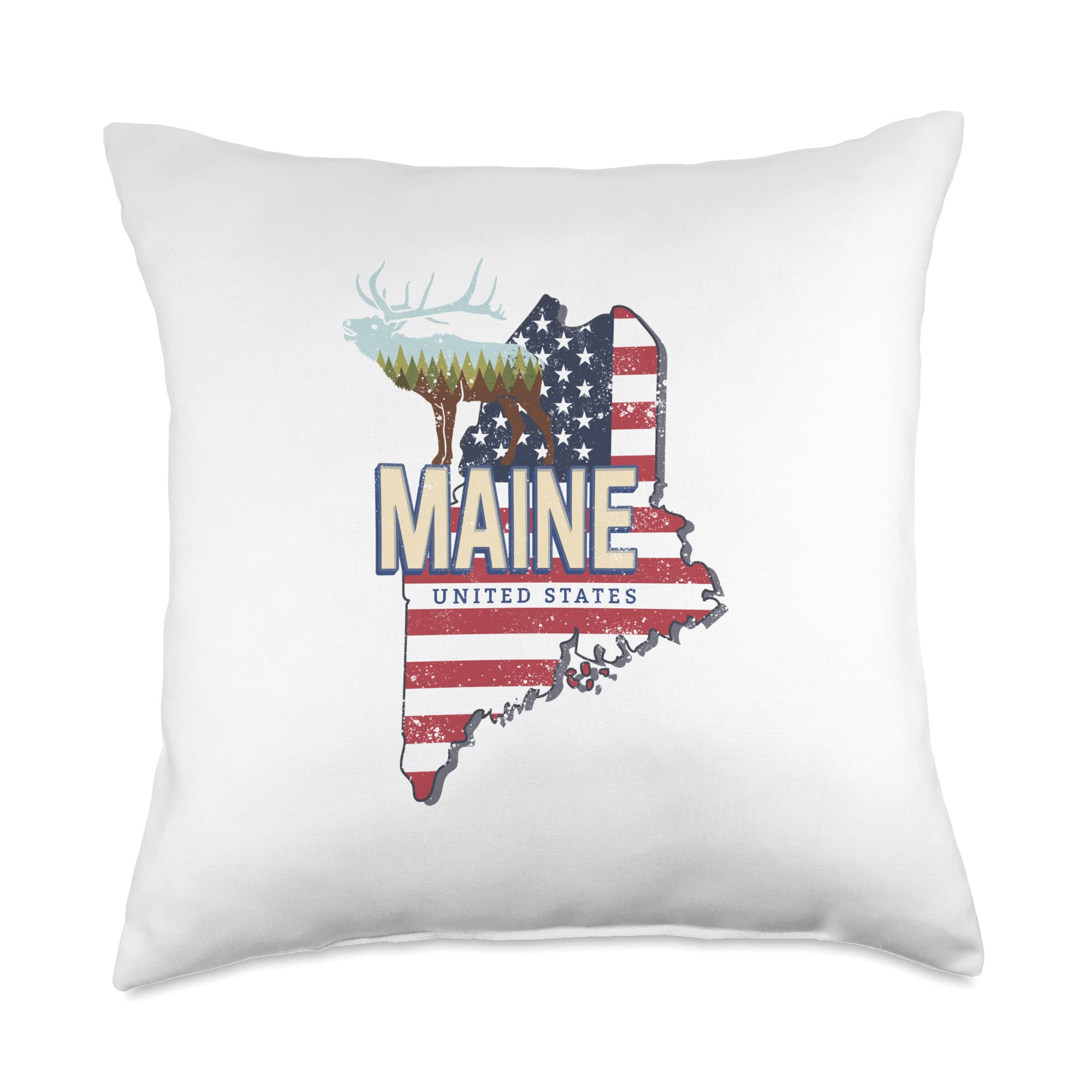 Maine State United States Retro Map Vintage USA Souvenir Throw Pillow, 18x18, Multicolor