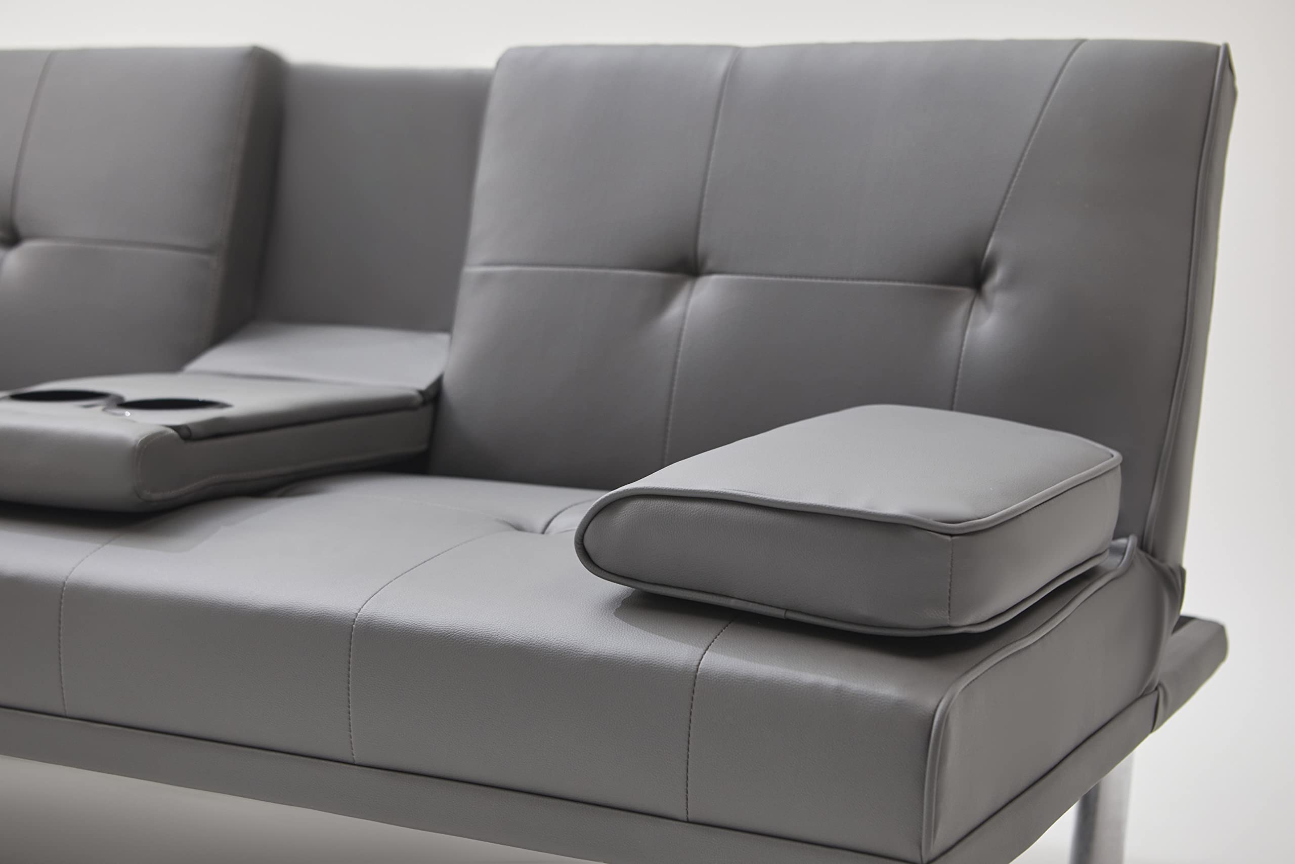 Anwick Futon Sofa Bed Faux Leather Couch Bed Modern Convertible Folding Recliner with 2 Cup Holders and Metal Legs for Living Room Apartment Dorm w/Removable Armrests, (Gray)