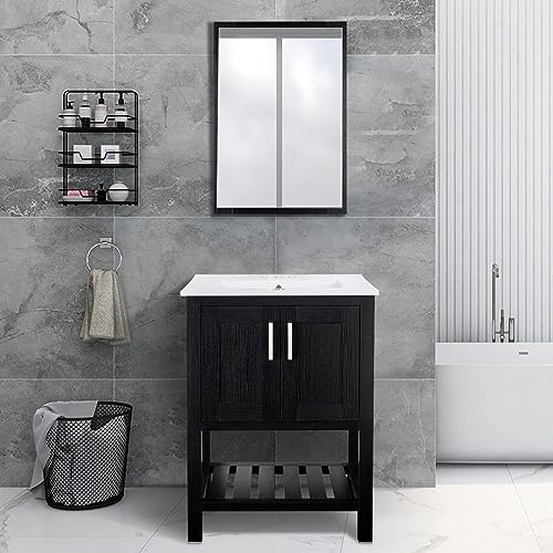LUCKWIND 24" Black Bathroom Vanity Sink Combo, Modern Bathroom Cabinet with Space Save Bottom Shelf, Overflow 3-Hole Drop in Ceramic Vessel Sink Top & Mirror, Excluding Faucet