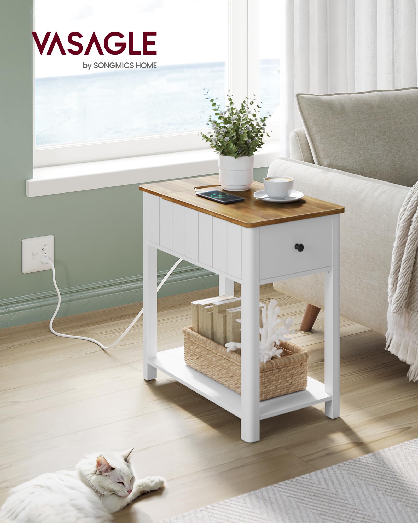 VASAGLE Side Table with Charging Station, End Table with USB Ports and Outlets, Nightstand with Storage, for Living Room, Bedroom, Modern Farmhouse Style, Rustic Walnut and White ULET318T14V1