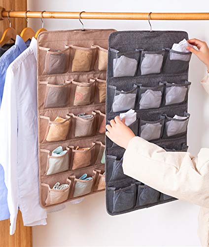 Dual Sided Hanging Underwear Sock Bra Stocking Organizer with 5+15 Mesh Pockets, 3D Pockets Design Durable Space Saver Bag Wall Shelf Wardrobe Storage Bags Holders (Grey)