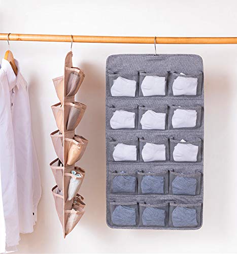 Dual Sided Hanging Underwear Sock Bra Stocking Organizer with 5+15 Mesh Pockets, 3D Pockets Design Durable Space Saver Bag Wall Shelf Wardrobe Storage Bags Holders (Grey)