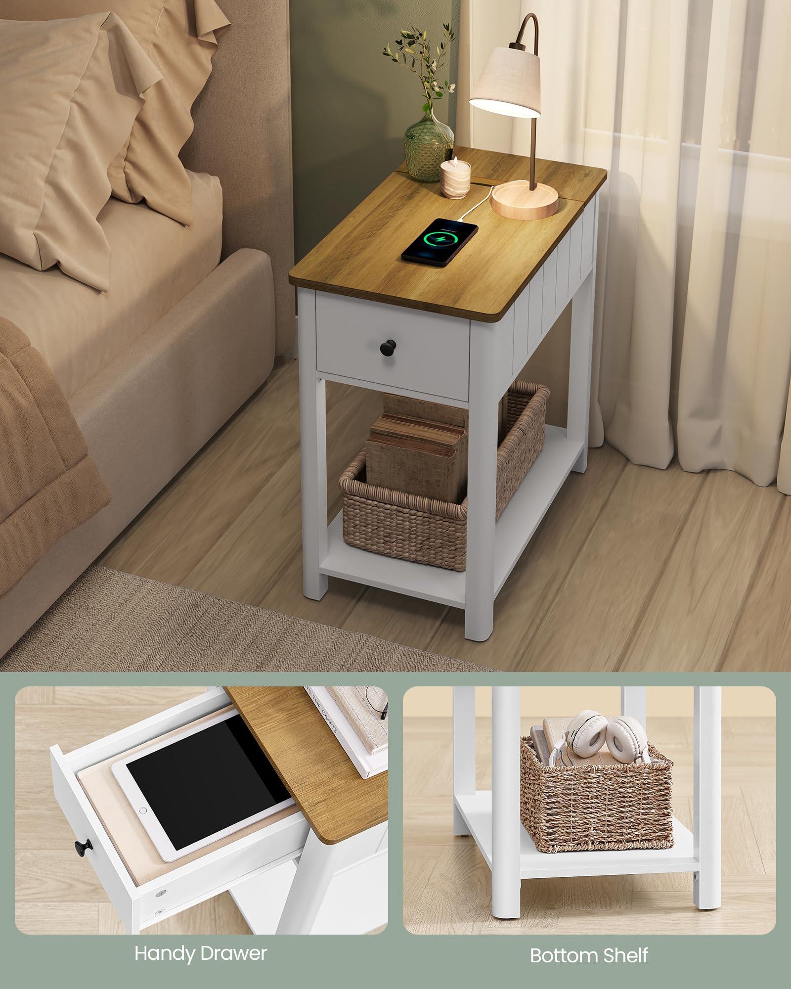 VASAGLE Side Table with Charging Station, End Table with USB Ports and Outlets, Nightstand with Storage, for Living Room, Bedroom, Modern Farmhouse Style, Rustic Walnut and White ULET318T14V1