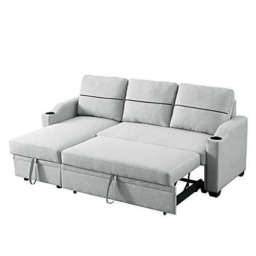 Yoglad Reversible Sectional Sofa Chaise for Living Room, Pull Out Bed Sleeper Couch with Storage, 81 inch Wide L-Shaped Couch with 2 Cup Holder, Gray Linen