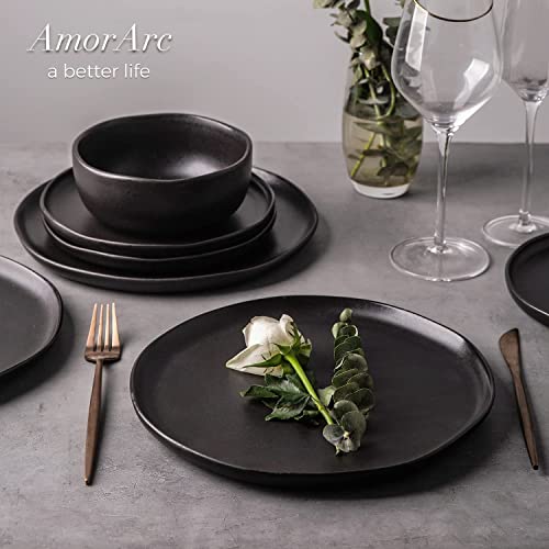 AmorArc Stoneware Cereal Bowls for Kitchen, 28oz Large Ceramic Soup Bowls Set of 4 for Meal, Chip-Resistant Kitchen Bowls with Wavy Rim, Reactive Glaze-Matte Black