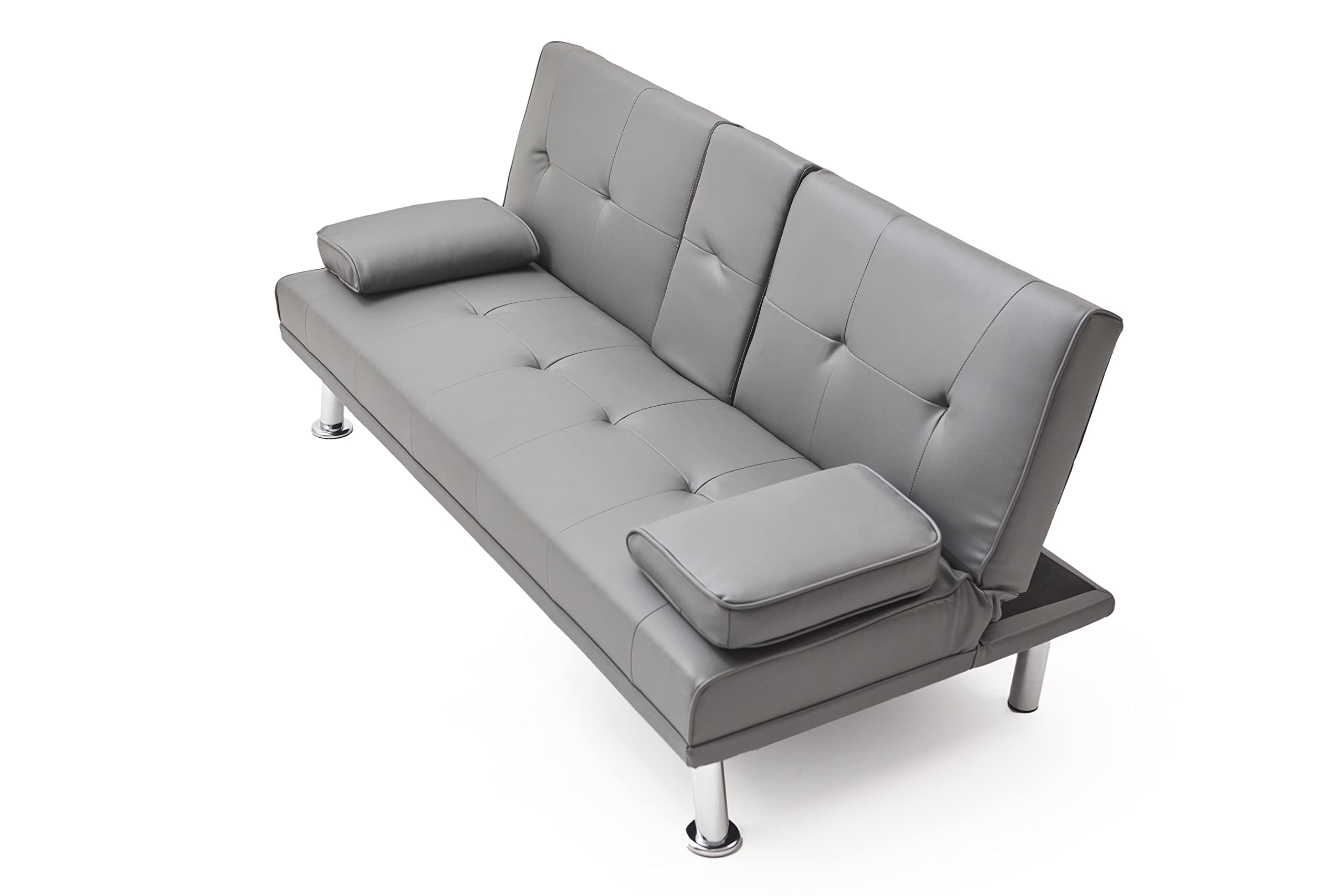 Anwick Futon Sofa Bed Faux Leather Couch Bed Modern Convertible Folding Recliner with 2 Cup Holders and Metal Legs for Living Room Apartment Dorm w/Removable Armrests, (Gray)