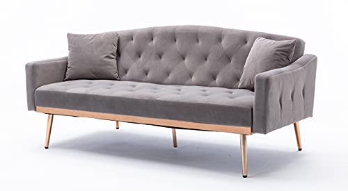 NOSGA Velvet Sofa, Convertible Loveseat Accent Sofa with Two Pillows, Modern Sleeper Sofa Couch Rose Gold Metal Feet for Living Room, Bedroom (Grey)