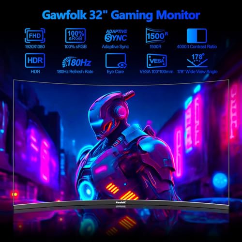 Gawfolk 32" Curved Computer Monitor, 144Hz 165Hz Gaming Display, Full HD 1080p Home Office Business PC Monitor, Ultra-Thin Zero Frame