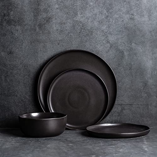 AmorArc Stoneware Cereal Bowls for Kitchen, 28oz Large Ceramic Soup Bowls Set of 4 for Meal, Chip-Resistant Kitchen Bowls with Wavy Rim, Reactive Glaze-Matte Black