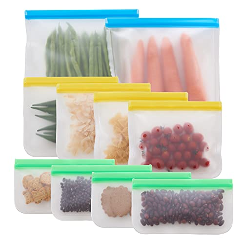 10 Pack Reusable Food Storage Bags, BPA Free Reusable Freezer Bags(2Â Reusable Gallon Bags + 4 Leakproof Reusable Sandwich Bags + 4Â Food Grade Kids Snack Bags) Resealable Lunch Bag for Meat Fruit Veggies