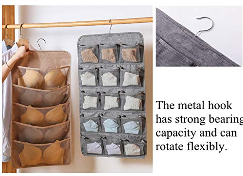 Dual Sided Hanging Underwear Sock Bra Stocking Organizer with 5+15 Mesh Pockets, 3D Pockets Design Durable Space Saver Bag Wall Shelf Wardrobe Storage Bags Holders (Grey)