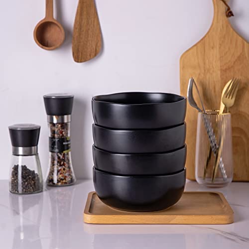 AmorArc Stoneware Cereal Bowls for Kitchen, 28oz Large Ceramic Soup Bowls Set of 4 for Meal, Chip-Resistant Kitchen Bowls with Wavy Rim, Reactive Glaze-Matte Black