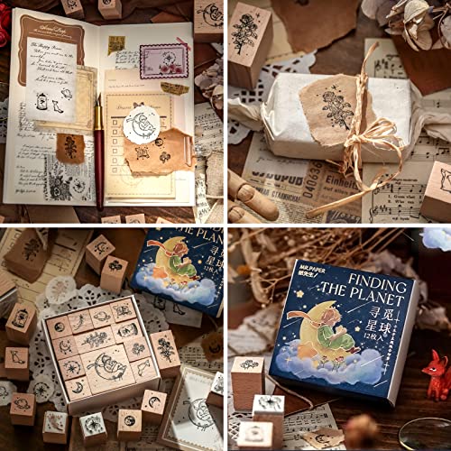 Dizdkizd 12 Pieces The Little Prince Rubber Stamp Set, Celestial Stamps Tiny Wooden Decorative Stamp for Scrapbooking, Journaling, Letters, Arts and Crafts
