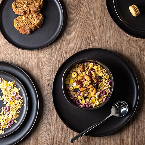 AmorArc Stoneware Cereal Bowls for Kitchen, 28oz Large Ceramic Soup Bowls Set of 4 for Meal, Chip-Resistant Kitchen Bowls with Wavy Rim, Reactive Glaze-Matte Black