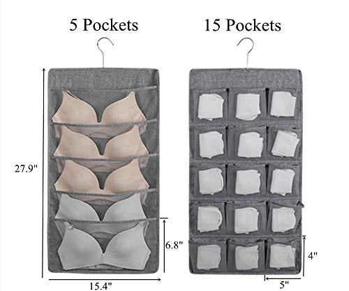 Dual Sided Hanging Underwear Sock Bra Stocking Organizer with 5+15 Mesh Pockets, 3D Pockets Design Durable Space Saver Bag Wall Shelf Wardrobe Storage Bags Holders (Grey)