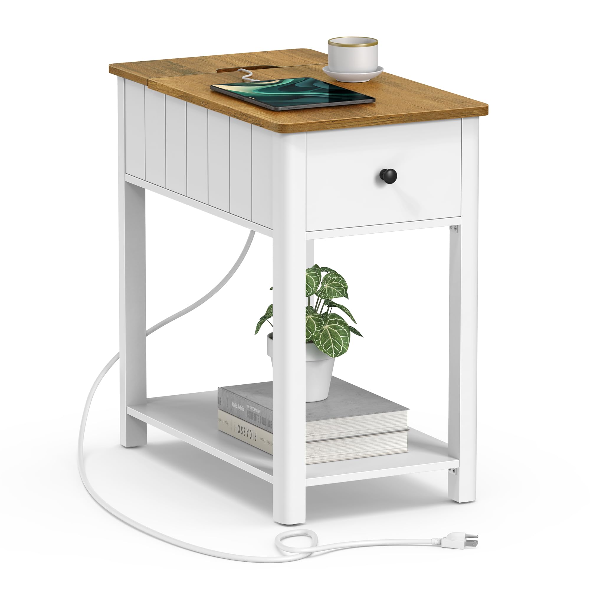 VASAGLE Side Table with Charging Station, End Table with USB Ports and Outlets, Nightstand with Storage, for Living Room, Bedroom, Modern Farmhouse Style, Rustic Walnut and White ULET318T14V1