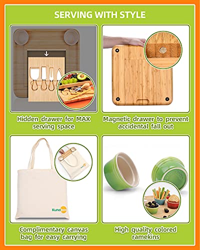 Kunaboo Bamboo Charcuterie Board Set-Green Ramekins-Climate Pledge Friendly Certified Cheese Board with Knife Set (FSC Certified eco-Friendly Bamboo)-Free Travel Canvas Bag-Cheese Boards Gift Set