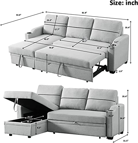 Yoglad Reversible Sectional Sofa Chaise for Living Room, Pull Out Bed Sleeper Couch with Storage, 81 inch Wide L-Shaped Couch with 2 Cup Holder, Gray Linen