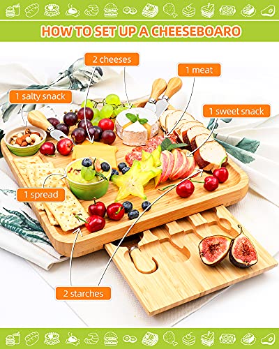 Kunaboo Bamboo Charcuterie Board Set-Green Ramekins-Climate Pledge Friendly Certified Cheese Board with Knife Set (FSC Certified eco-Friendly Bamboo)-Free Travel Canvas Bag-Cheese Boards Gift Set