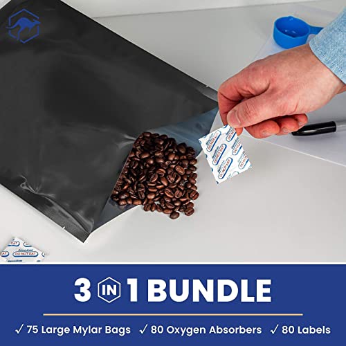 15x Silver 5 Gallon Wallaby Mylar Bag - (5 Mil) and 75 Wallaby Mylar Bags - Bundle - 1 Gallon - Matte Black (5 Mil - 10ββx14ββ), Oxygen Absorbers, Labels - Resealable Zipper, Heat Seal, FDA Grade